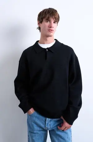 Topman Oversized Smart Polo Sweater - Black