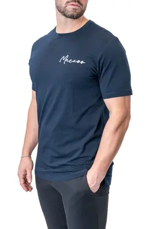 MACEOO Siganture Nay Logo Embroidered Stretch Cotton T-shirt - Blue