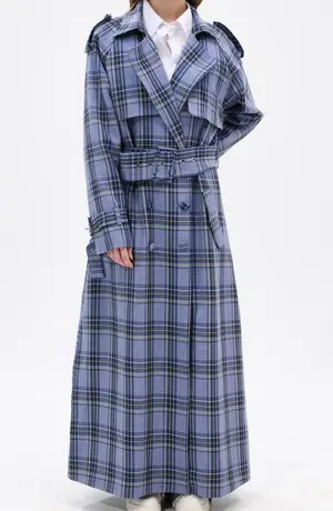 AZALEA WANG Long Plaid Trench Coat - Blue Multi