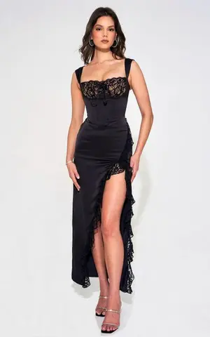 MISS CIRCLE NEW YORK Satin Maxi Dress With Corset And Lace Detail - Black