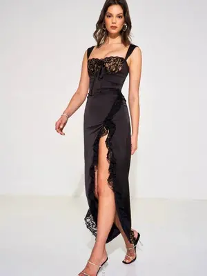 MISS CIRCLE NEW YORK Satin Maxi Dress With Corset And Lace Detail
