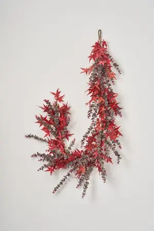DARBY CREEK TRADING Autumn Evenings Japanese Maple Leaf & Dusty Wine Botanical Eucalyptus Fall Mantle Garland Table Runner - Red
