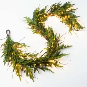 DARBY CREEK TRADING Twig Light & Real Touch Norfolk Pine Pre-lit Winter Christmas Mantle Garland Table Runner - Green