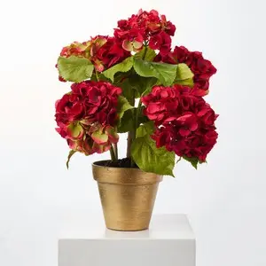 DARBY CREEK TRADING Potted Silk Hydrangea Stems Flowering Multi-bloom Plant - Red