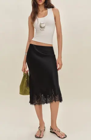 REFORMATION Carolina Lace Trim Silk Midi Skirt - Black