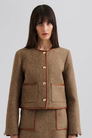 MALINA Ninette Dressed Wool Jacket With Leather Trim - Taupe