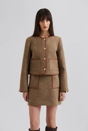 MALINA Ninette Dressed Wool Jacket With Leather Trim - Taupe