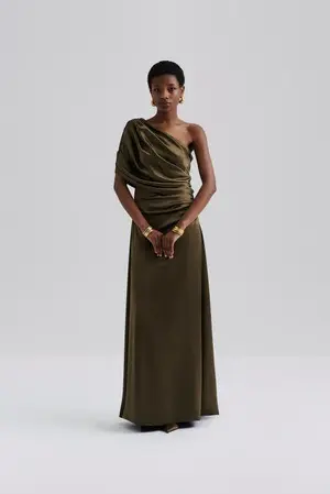 MALINA Cassia Draped Fitted Maxi Dress - Olive