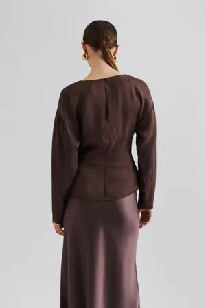 MALINA Rosalie Jacquard Weave Satin Blouse - Chocolate