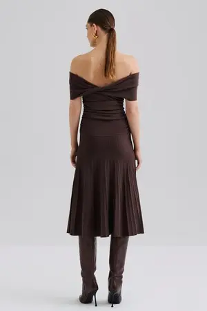 MALINA Althena Off-shoulder Knitted Midi Dress