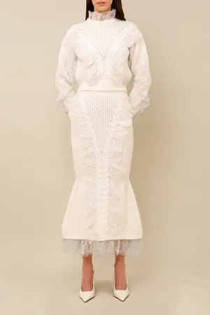 CONTESSA MILLS Wool Knit Lace-trimmed Skirt - White