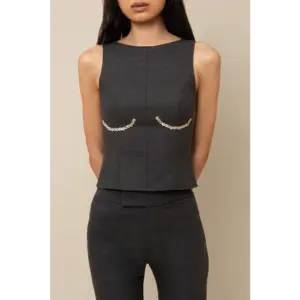 CONTESSA MILLS Textured Twill Boatneck Top With Shell Buttons - Charcoal