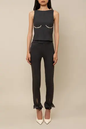 CONTESSA MILLS Textured Twill Boatneck Top With Shell Buttons