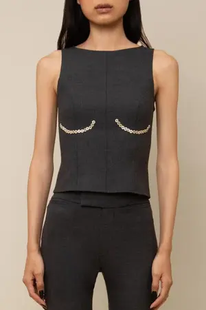 CONTESSA MILLS Textured Twill Boatneck Top With Shell Buttons