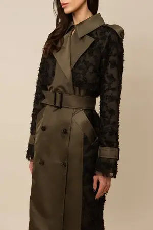 CONTESSA MILLS Lace-trimmed Cinched Trench Coat