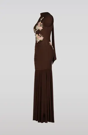 SAEMDI Embroidered One-shoulder Mesh Maxi Dress