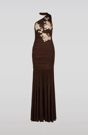 SAEMDI Embroidered One-shoulder Mesh Maxi Dress - Brown