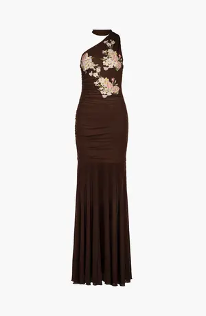 SAEMDI Embroidered One-shoulder Mesh Maxi Dress - Brown