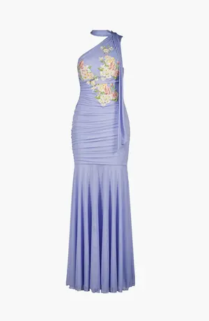 SAEMDI Embroidered One-shoulder Mesh Maxi Dress - Periwinkle