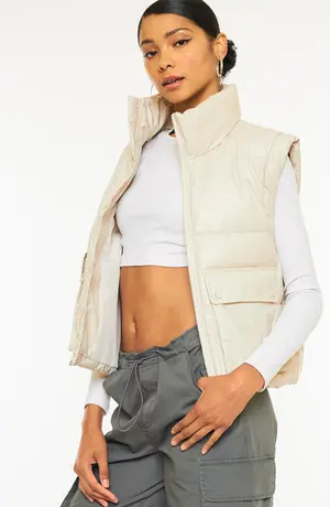 KANCAN Frida Cropped Faux Leather Puffer Vest