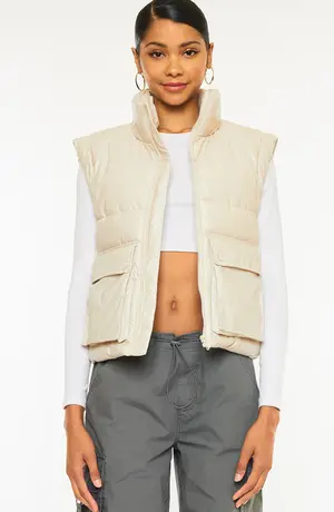 KANCAN Frida Cropped Faux Leather Puffer Vest - Cream