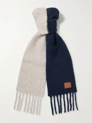 Loewe Logo-appliquéd Fringed Two-tone Alpaca And Wool-blend Scarf - Blue