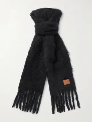Loewe Logo-appliquéd Fringed Mohair And Wool-blend Scarf - Black
