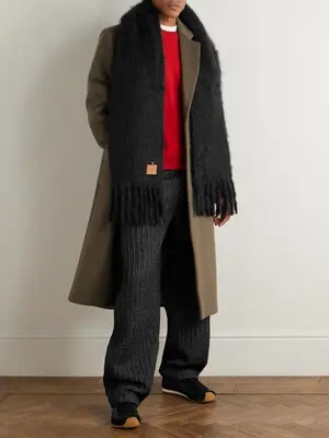 Loewe Logo-appliquéd Fringed Mohair And Wool-blend Scarf - Black