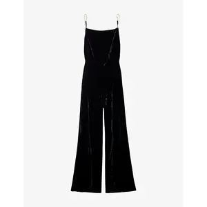Sandro Jewel-strap Square-neck Velvet Jumpsuit - Black