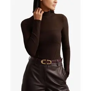 REISS Sofia Funnel-neck Knitted Top - Chocolate Brown