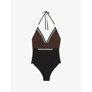 REISS Stretch-woven Swimsuit - Chocolate Brown Black