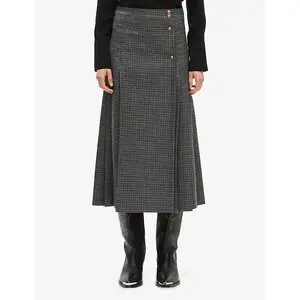 The Kooples Checked Wool Midi Skirt With Button Embellishment