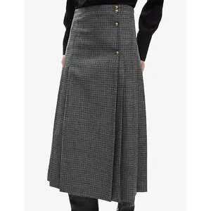 The Kooples Checked Wool Midi Skirt With Button Embellishment