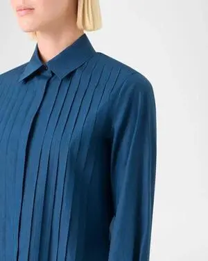 Akris Cotton Poplin Pleated Front Button Down Shirt - Denim