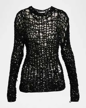 JIL SANDER Sequined Open Knit Crewneck Sweater - Black