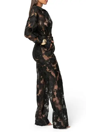 JLUXLABEL Floral Organza High-waist Pants - Black