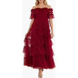 NEEDLE & THREAD Aviana Off-shoulder Tulle Gown - Red