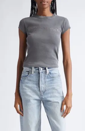 Alexander Wang Hotfix Crystal Logo Baby Tee - Grey