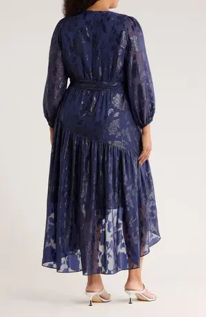Anne Klein Metallic Long Sleeve High-low Wrap Dress