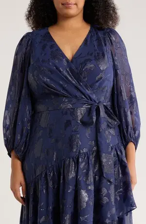 Anne Klein Metallic Long Sleeve High-low Wrap Dress