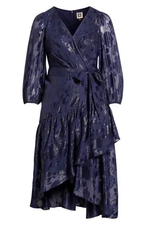 Anne Klein Metallic Long Sleeve High-low Wrap Dress