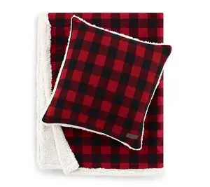 Eddie Bauer Cabin Plaid Red Cotton Sherpa Throw & Pillow Set - One-color