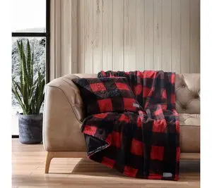 Eddie Bauer Cabin Plaid Red Faux Fur Throw & Pi Low Set - One-color