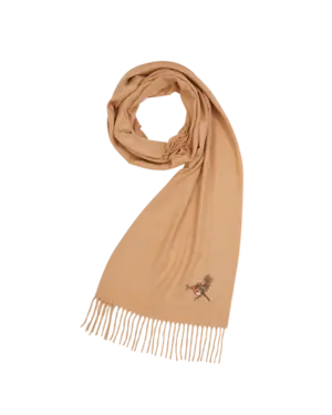 FABLE ENGLAND Robin Embroidered Cosy Camel Scarf - Tan