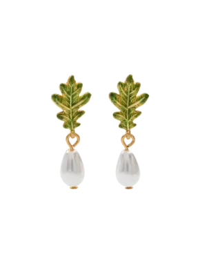FABLE ENGLAND Oak Leaf Pearl Drop Earrings - Gold