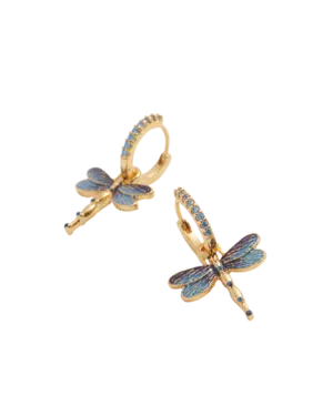 FABLE ENGLAND Dragonfly Crystal Hoop Earrings - Blue & Gold