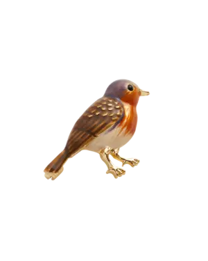 FABLE ENGLAND Enamel Robin Brooch - Multi & Gold