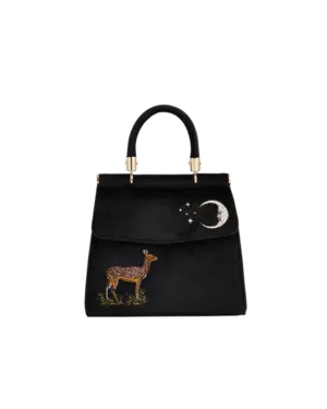 FABLE ENGLAND Deer & Moon Embroidered Velvet Tote - Black
