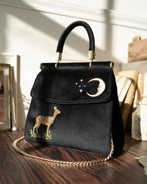 FABLE ENGLAND Deer & Moon Embroidered Velvet Tote