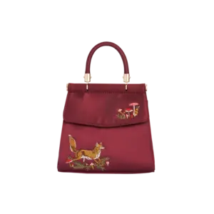 FABLE ENGLAND Fox & Mushroom Embroidered Burgundy Satin Tote - Red
